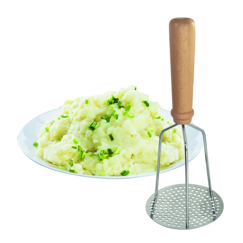 Pilon tamiseur à purée, manche en bois, inox